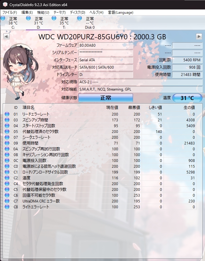 価格.com - 『2024/05/04現在のDiskInfoの様子。05/C4/C5/C6エラーはゼロのまま。良いHDDです。』WESTERN DIGITAL WD20PURZ [2TB ...